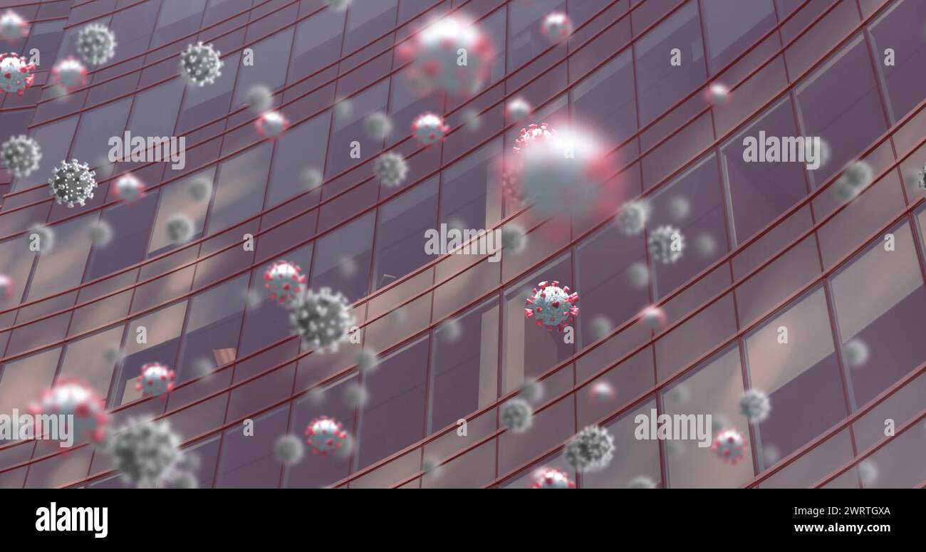 Image of covid 19 cells floating over modern office building Stock ...