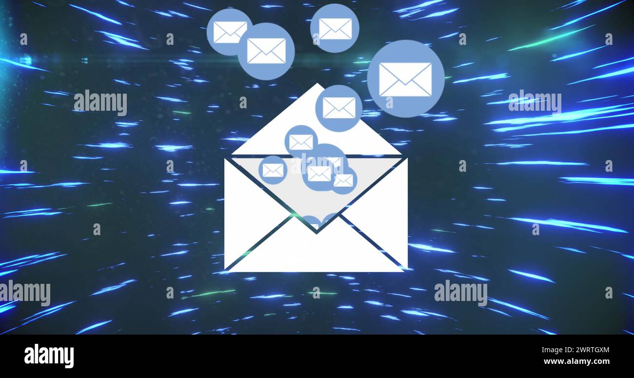 Image of digital interface with email message envelope icons over ...