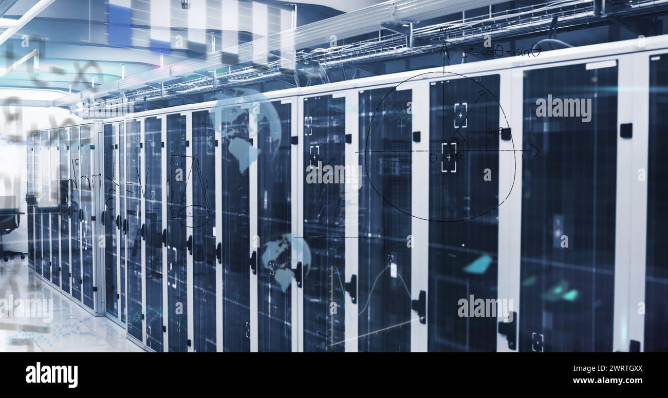 Image of data processing and mathematical equations over server room Stock Photo - Alamy