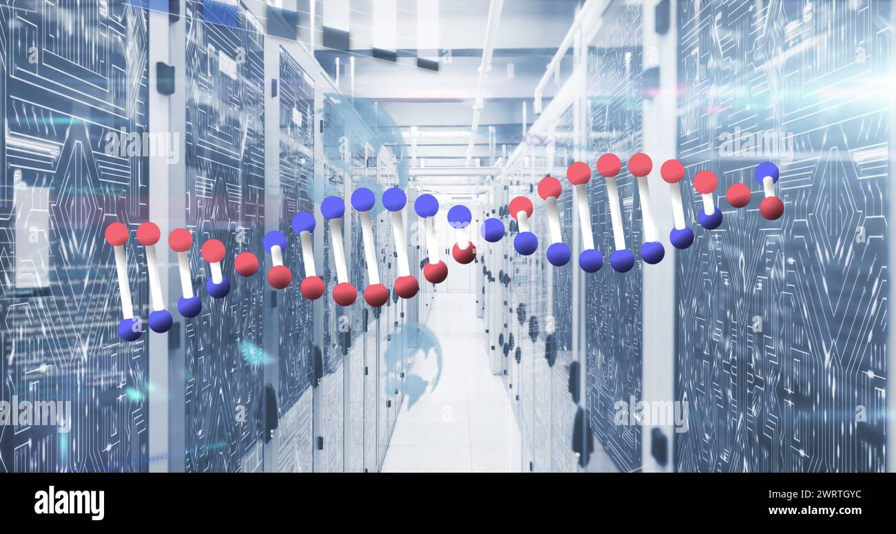 Image of dna strand spinning and data processing over empty office ...