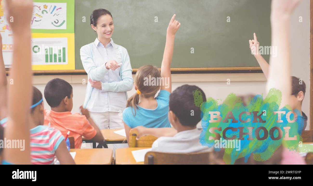 Image of back to school text over teacher and class Stock Photo - Alamy