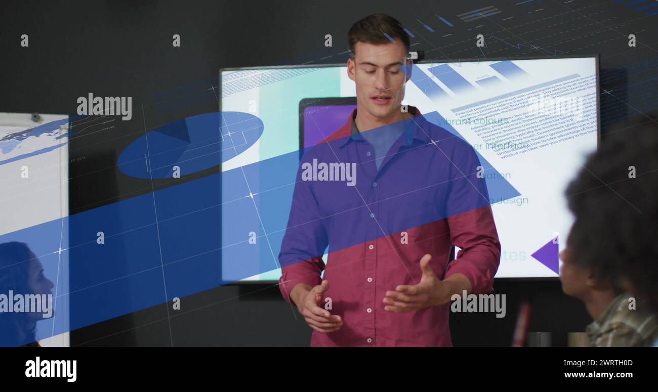 Image of infographic interface and caucasian manager explaining project ...