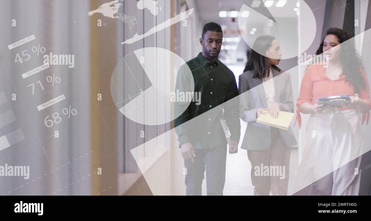 Image of infographic interface and diverse colleagues discussing and ...