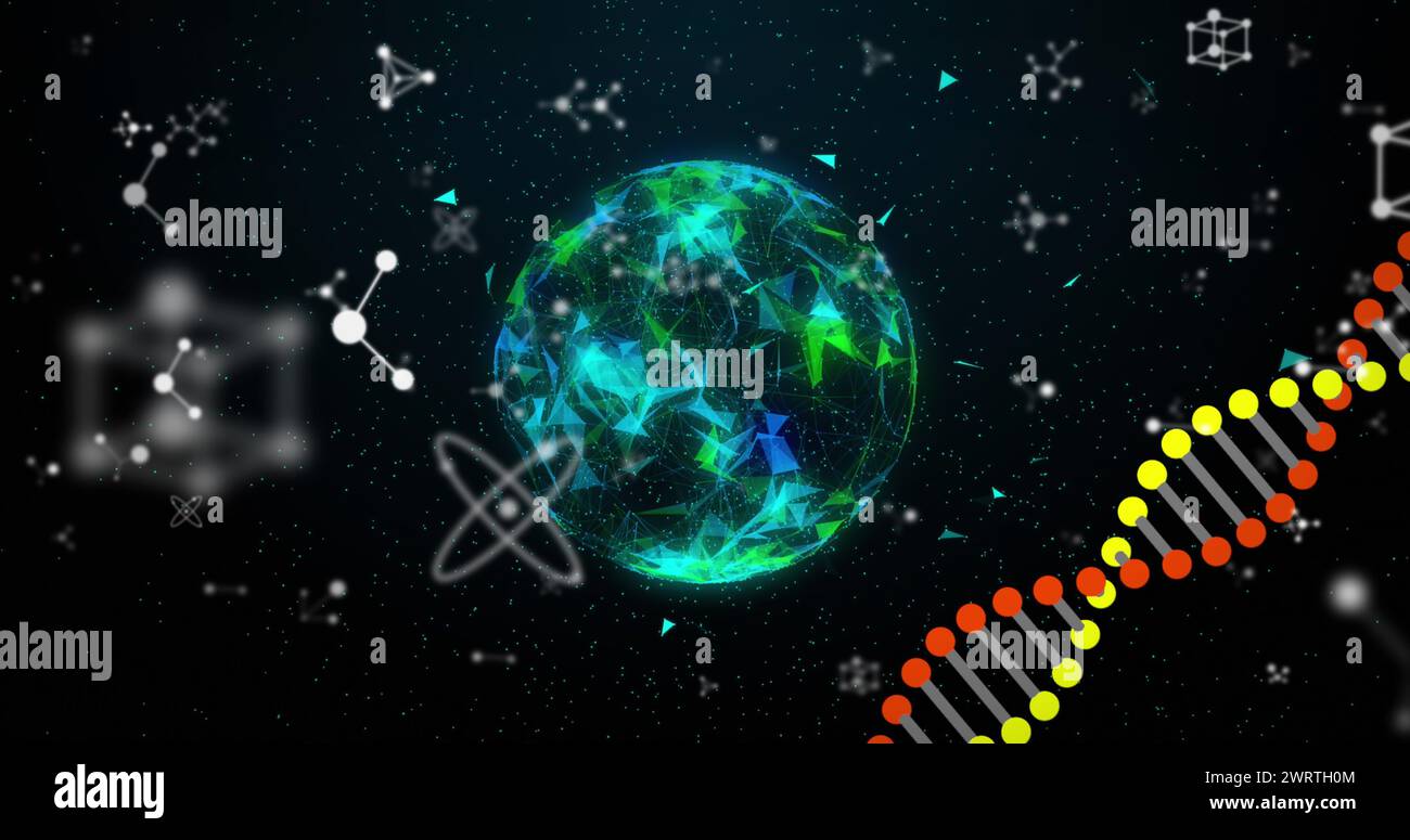 Image of spinning globe, molecules and 3d DNA strand spinning on black ...