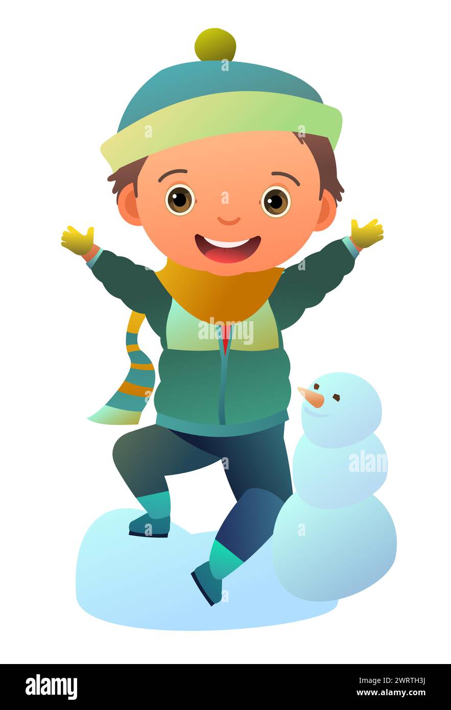 boy made snowman. Child in winter clothes. Fun frost. Winter clothes ...