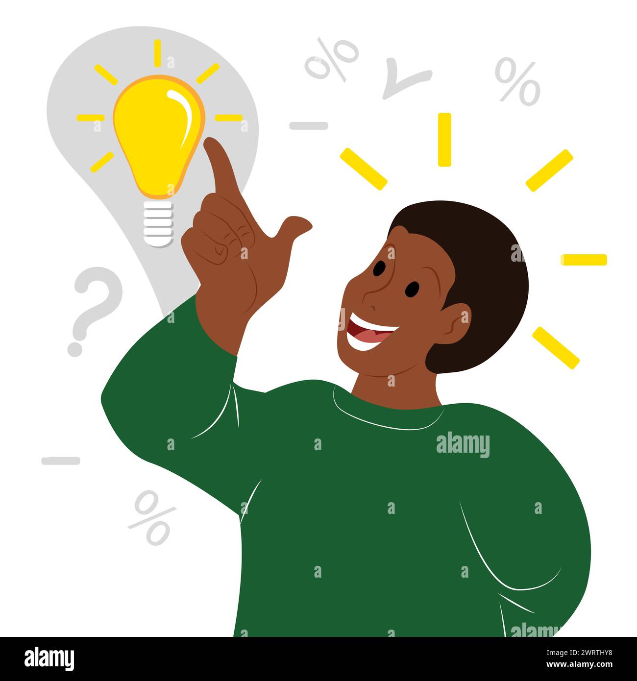 Happy smart person finding solution, having brilliant idea, lightbulb ...