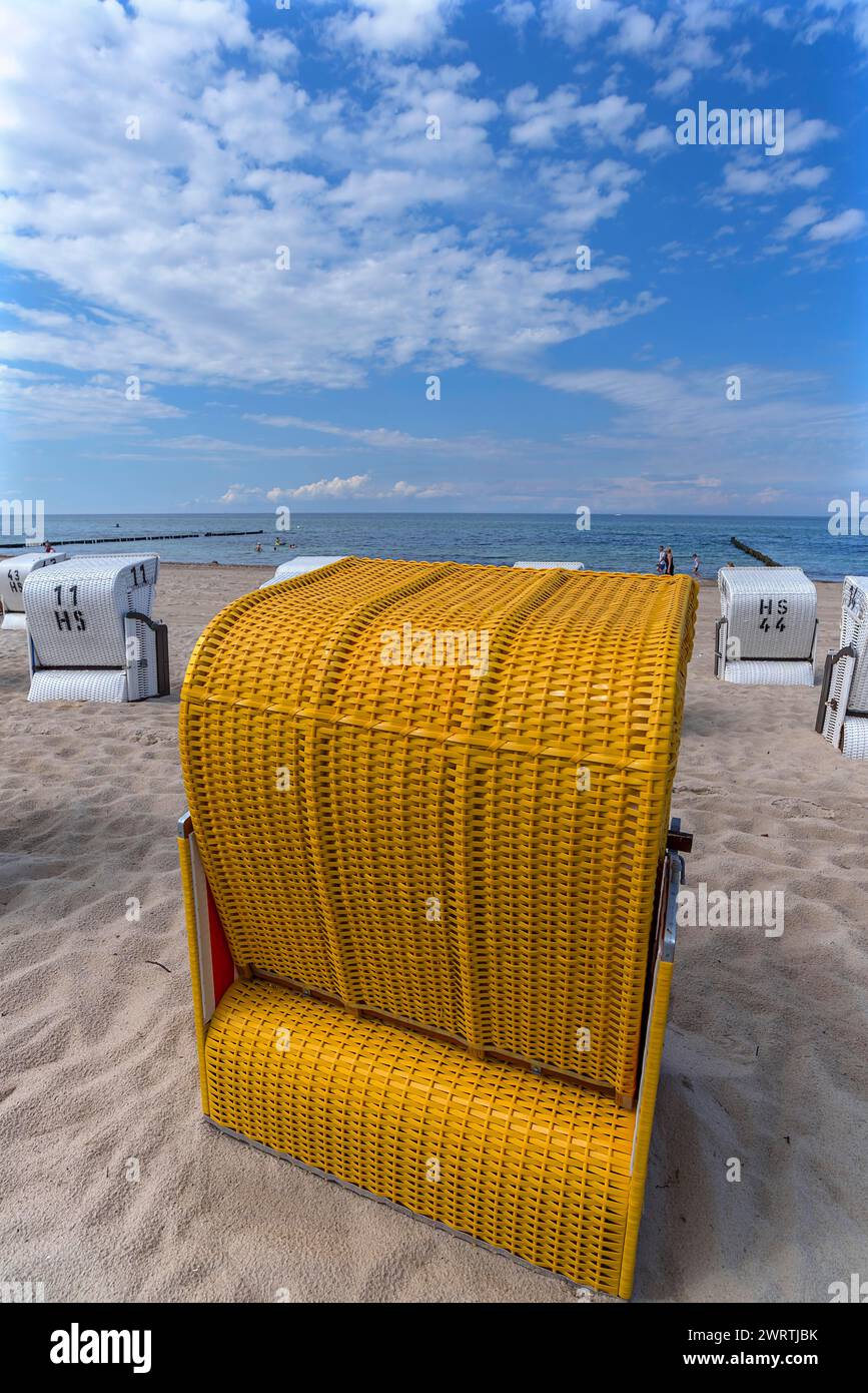 Yellow beach chair on the beach in Kuehlungsborn, Mecklenburg ...