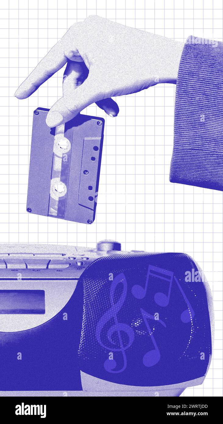 Hand placing cassette tape into boombox, monochrome with musical notes ...