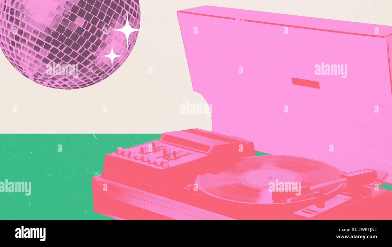 Dual-tone image of disco ball and turntable, with a retro vibe. Poster ...