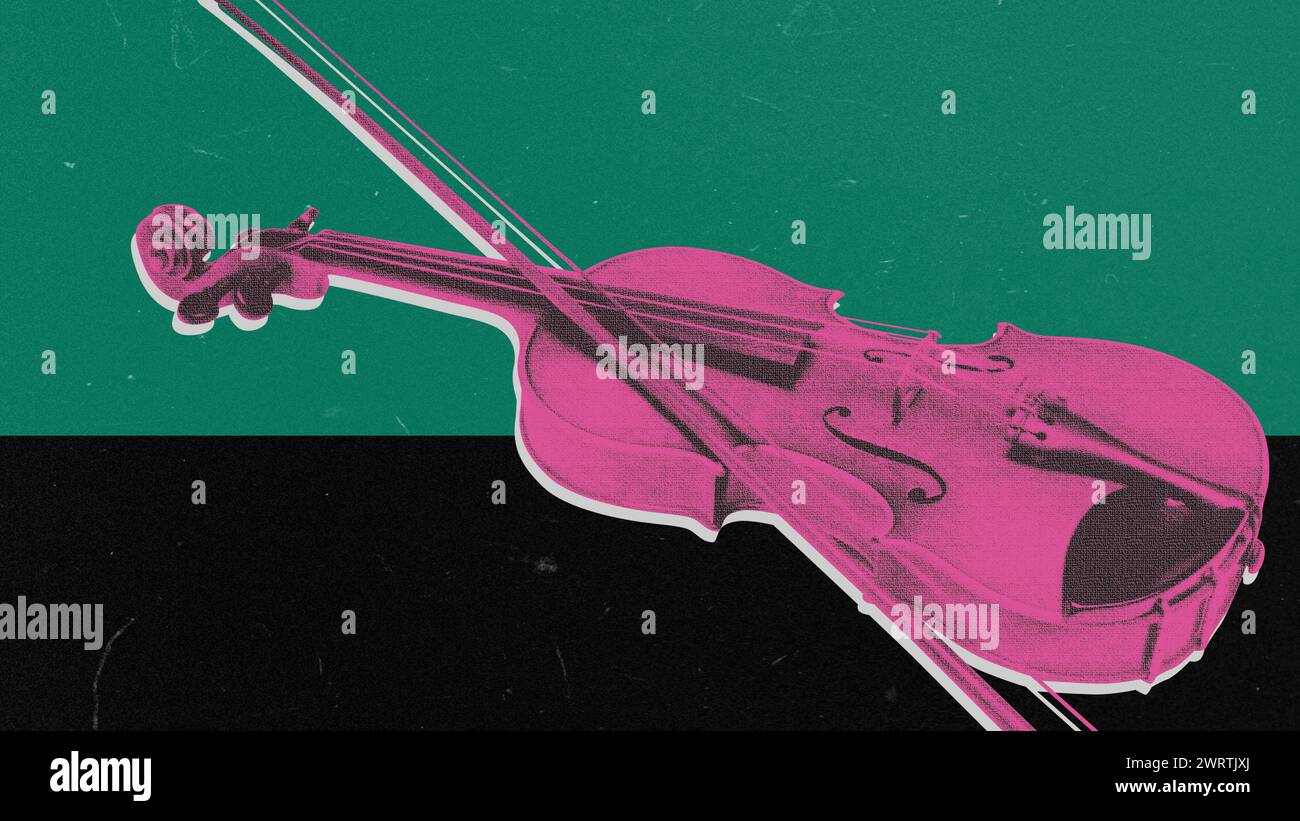 Pink wooden violin on green background. Concert of classical music ...