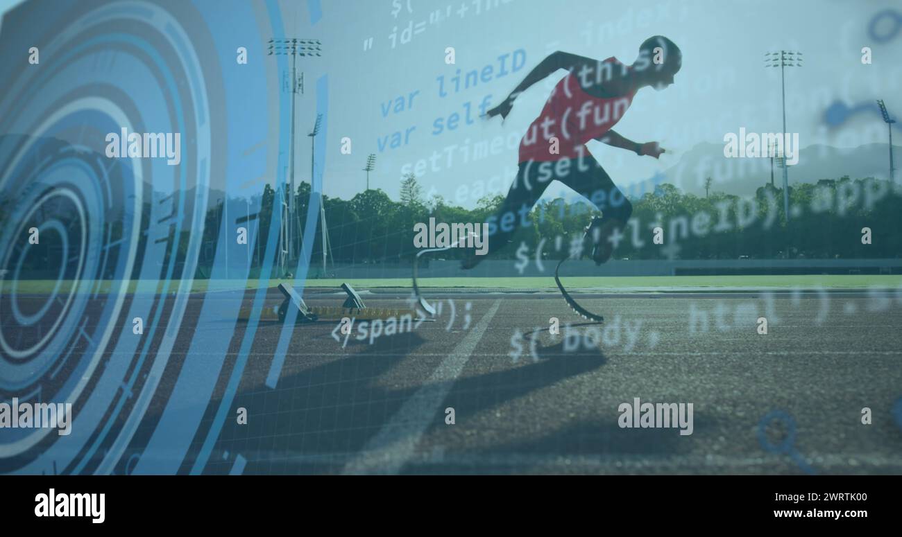 Image of data processing over disabled african american male runner ...