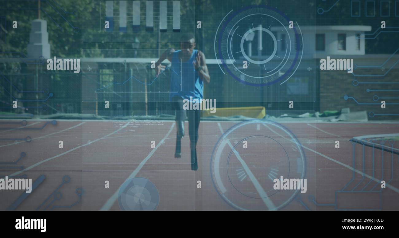 Image of data processing over disabled african american male runner ...