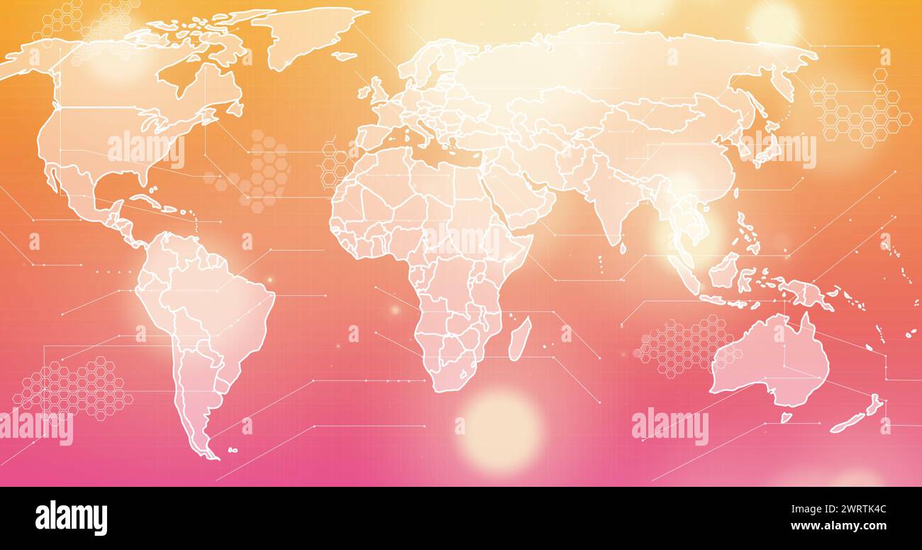 Image of world map over light spots on orange background Stock Photo ...