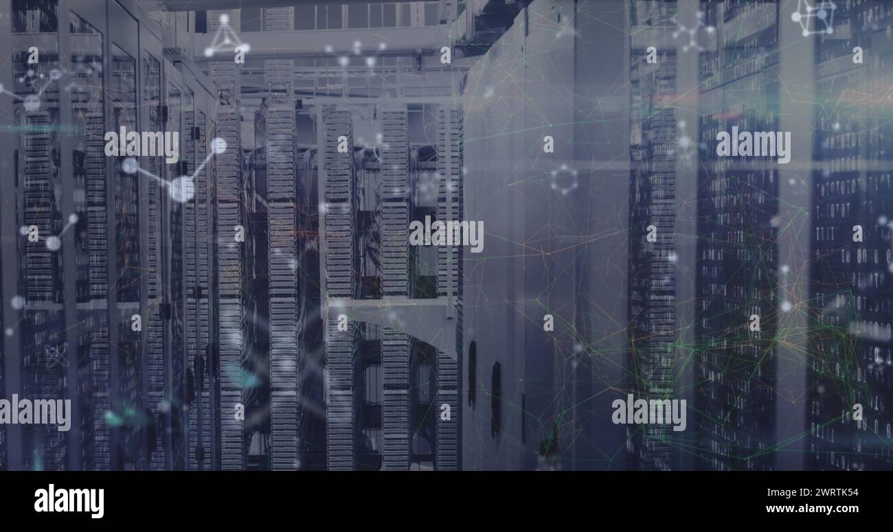 Image Of Molecules Floating Over Servers Network Connections