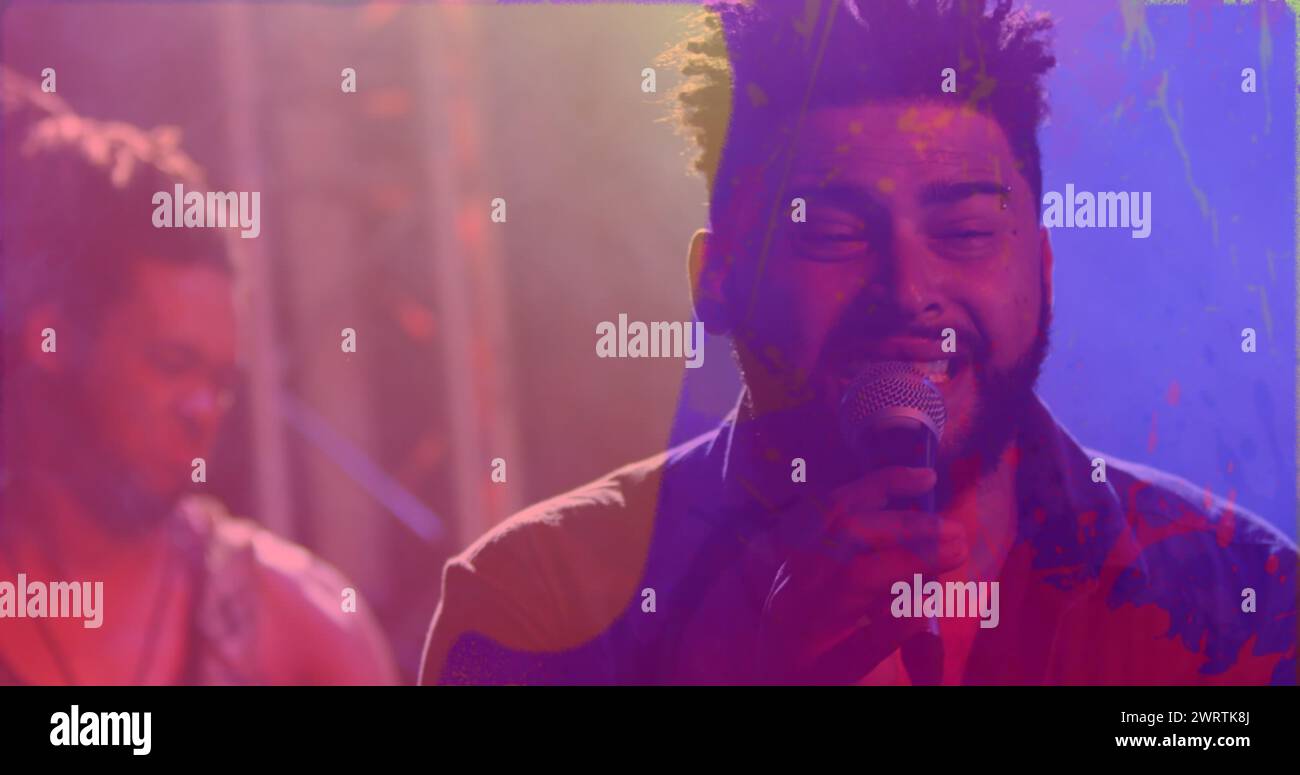 Image of colourful light swirls and spray paint over diverse male ...