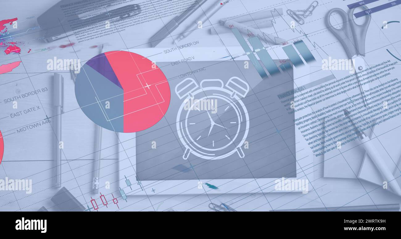 Image of digital infographic interface and alarm clock drawing on ...