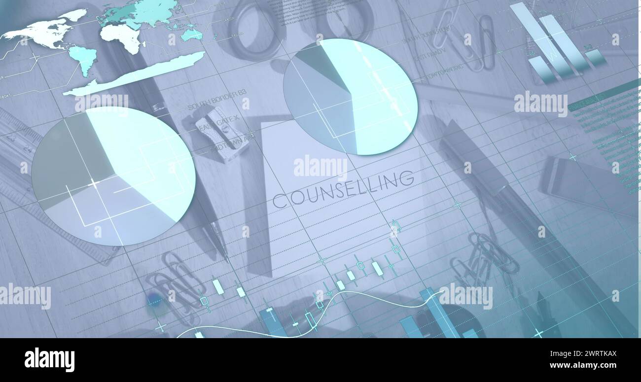 Image of digital infographic interface over counselling text on notepad ...