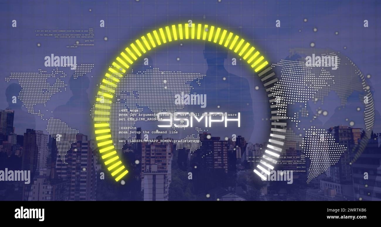 Image of speedometer over world map, globe, peoples silhouette and ...