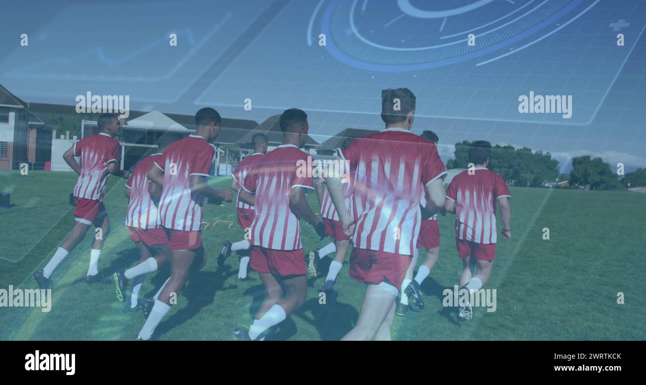 Image of statistics and data processing over diverse football players ...