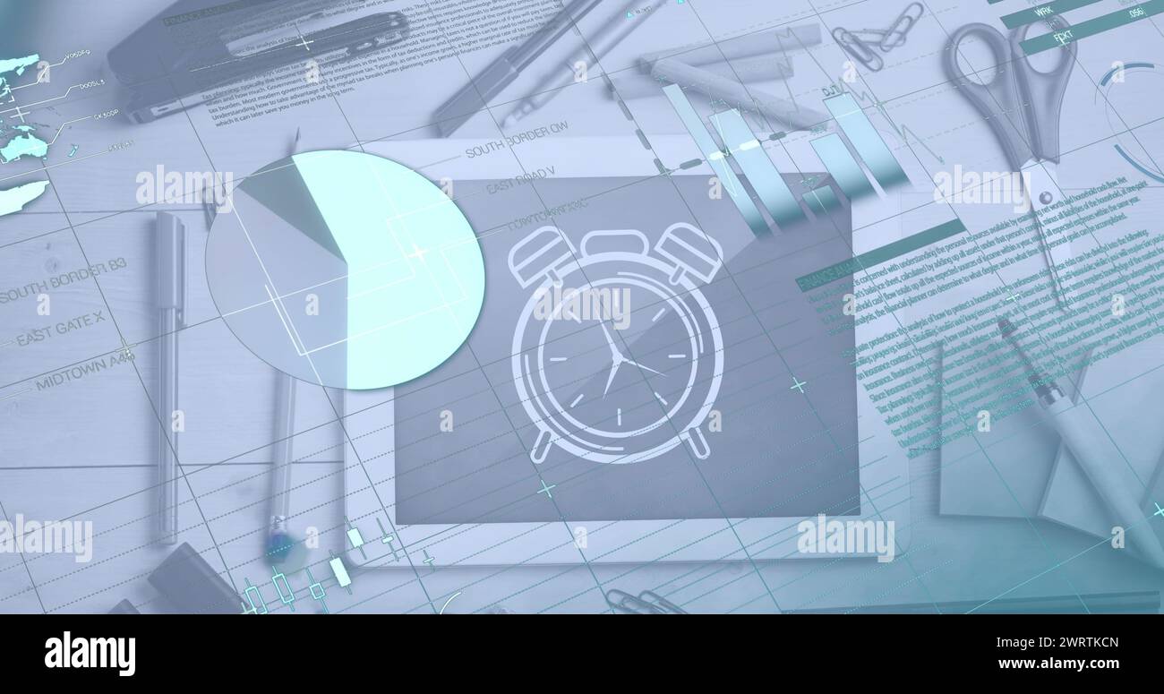 Image of infographic interface over digital pc with alarm drawing and ...