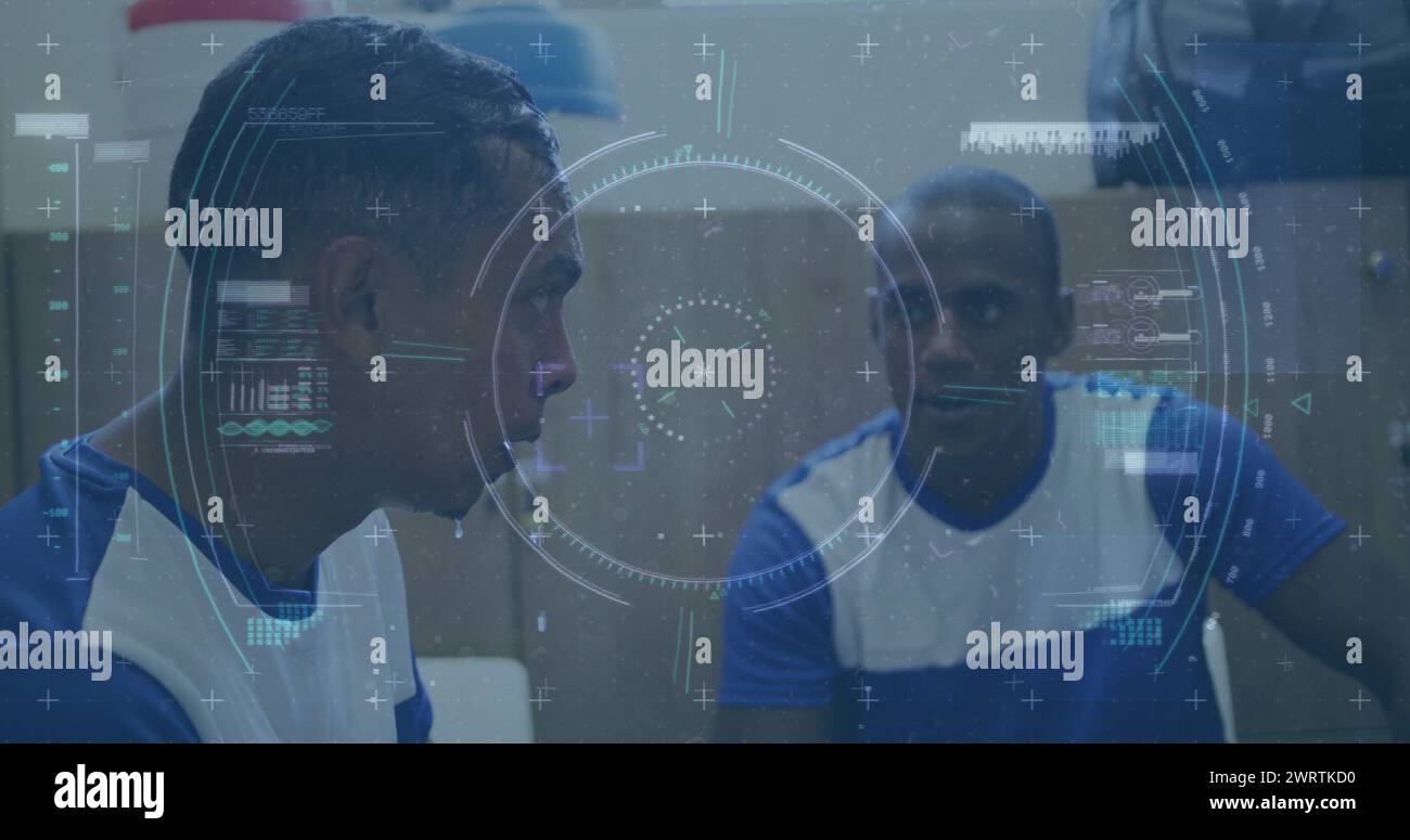 Image of scope scanning and data processing over diverse male football players in changing room ...