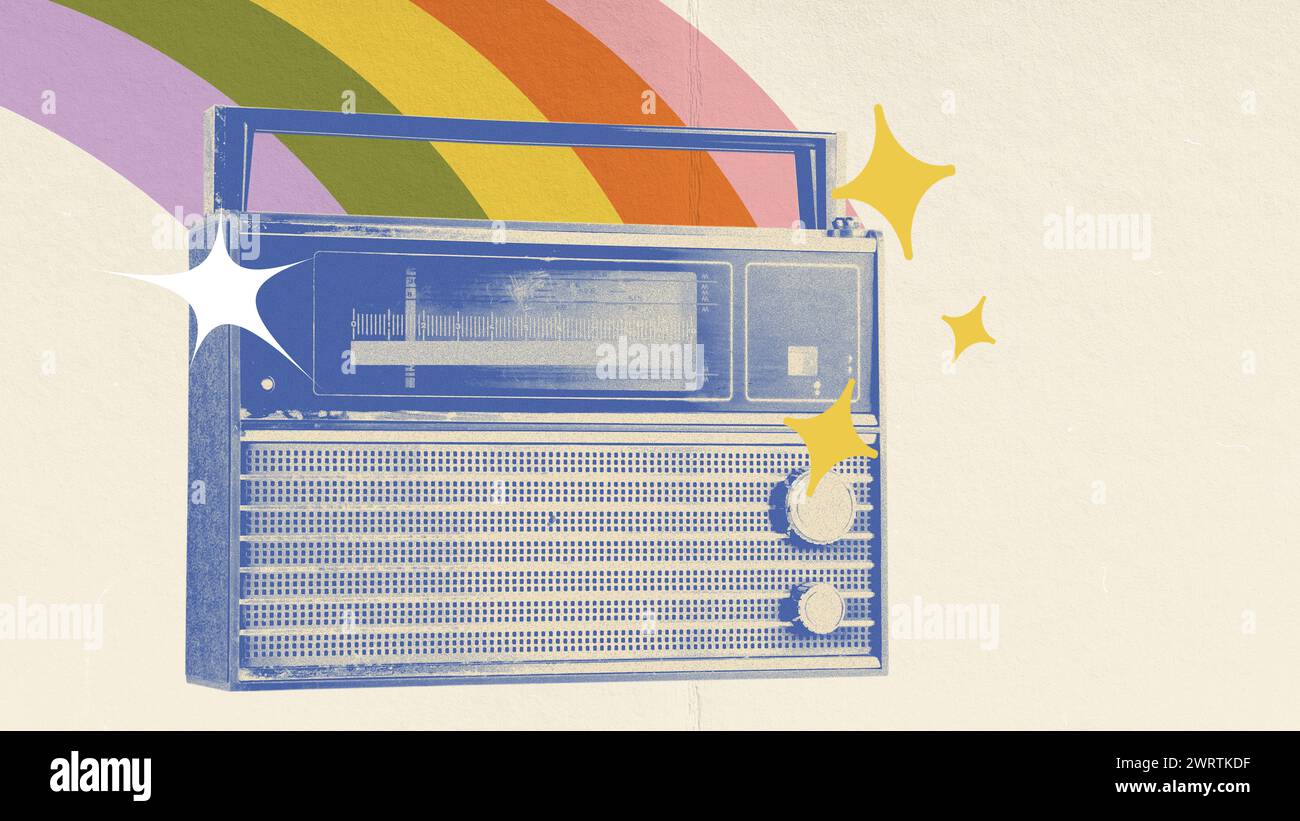 Colorful illustration of retro radio. Party invitation for summer event ...