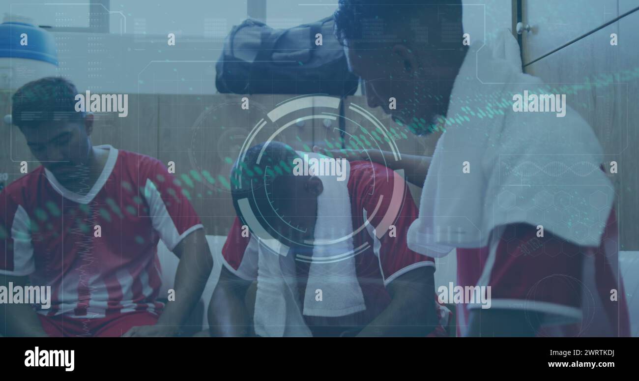 Image of scope scanning and data processing over diverse male football players in changing room ...