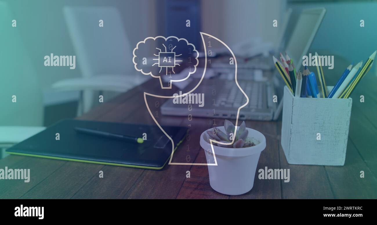 Image of ai data processing and icons over computer on desk Stock Photo ...