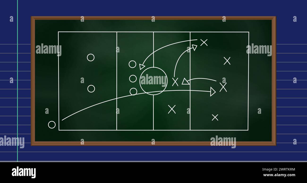 Image of football game strategy drawn on green chalkboard against blue ...
