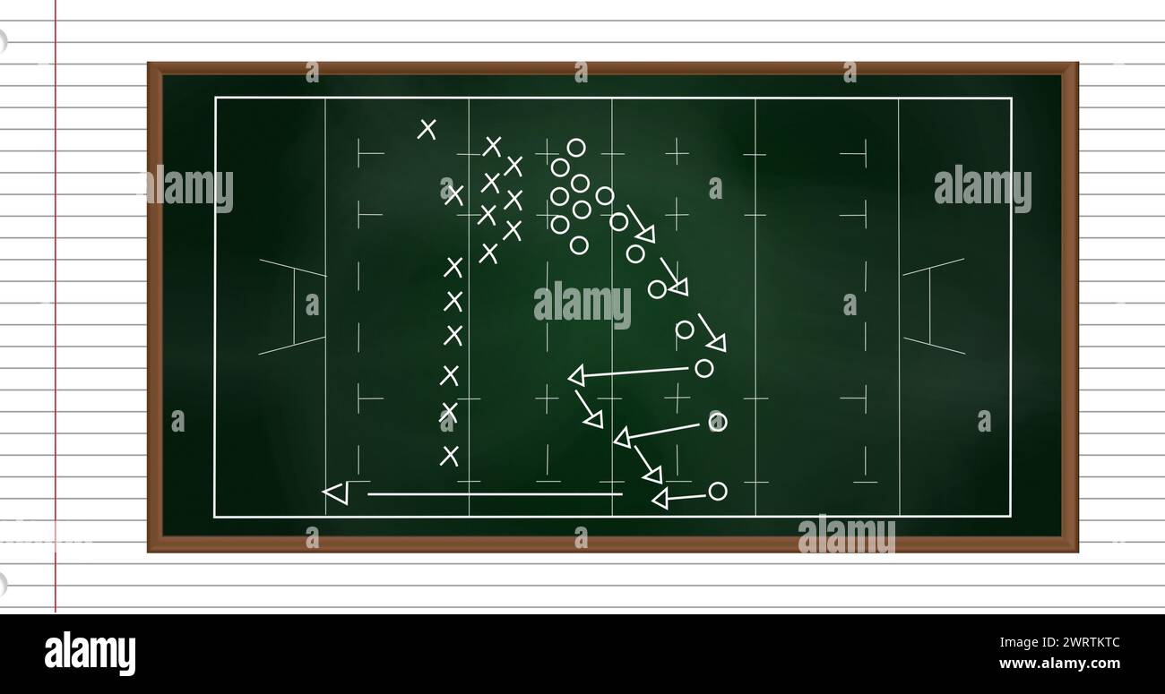 Image of football game strategy drawn on green chalkboard against white ...
