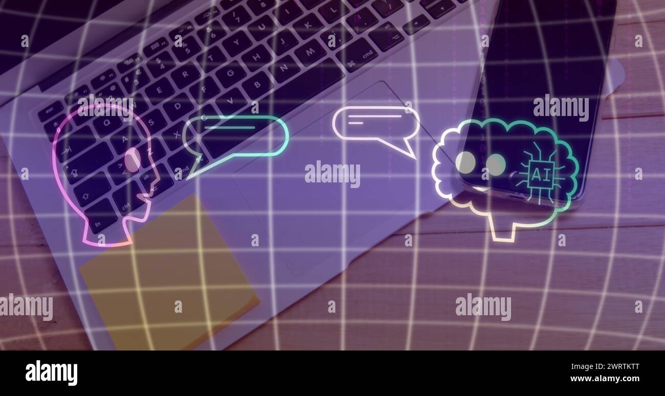 Image of ai data processing and icons over laptop and smartphone Stock ...