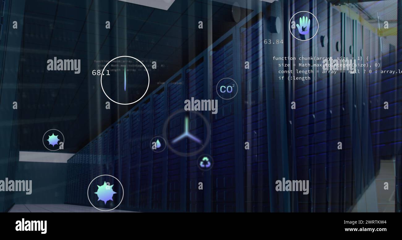 Image of digital icons and data processing over computer servers Stock Photo - Alamy