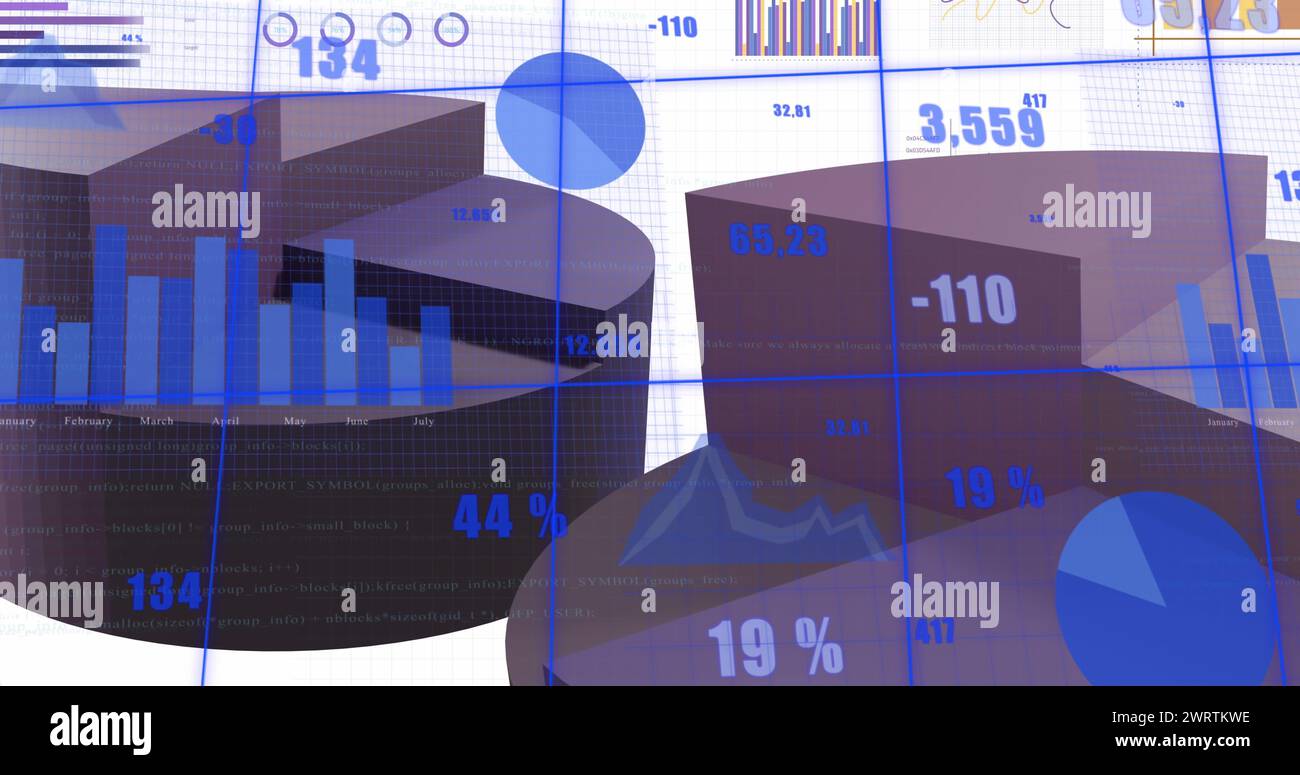 Image of financial data processing and statistics over grid Stock Photo - Alamy