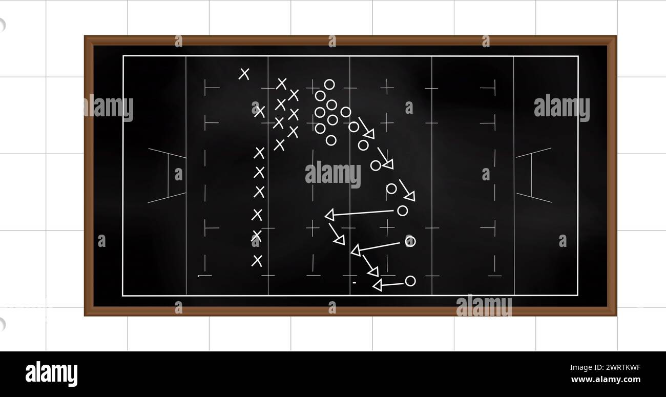 Image of football game strategy drawn on black chalkboard against ...