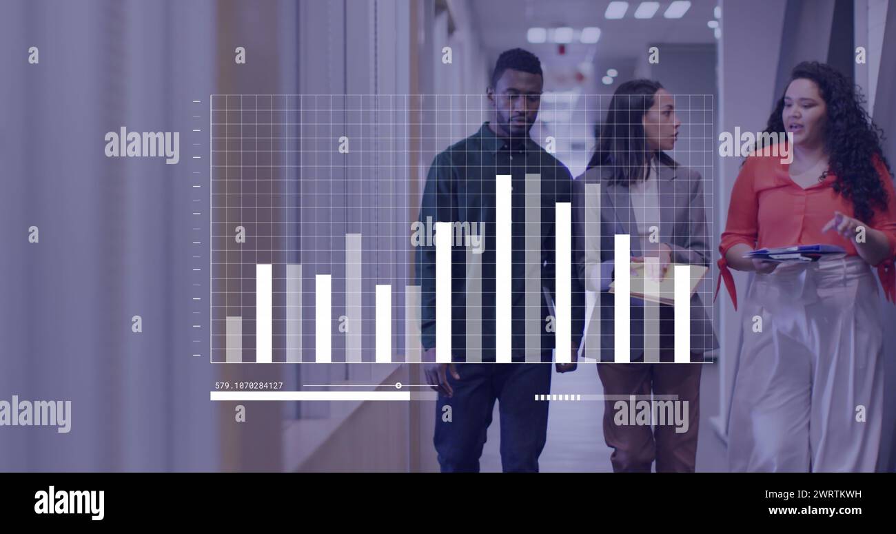 Image of graph and loading bars, diverse coworkers discussing reports ...