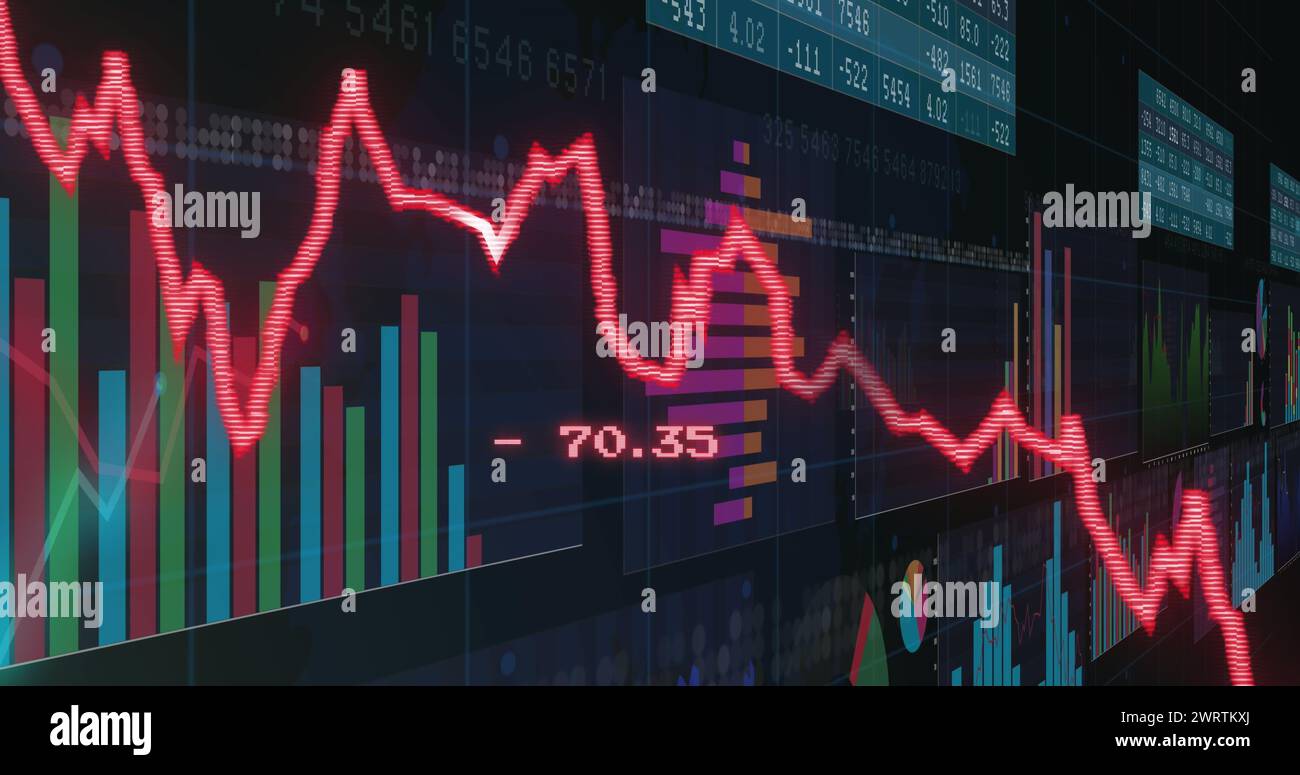 Image of financial data processing and statistics with red line Stock ...