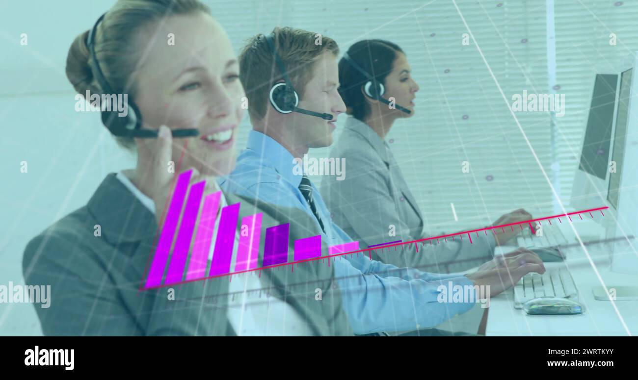 Image of diagram over diverse business people using phone headsets in ...