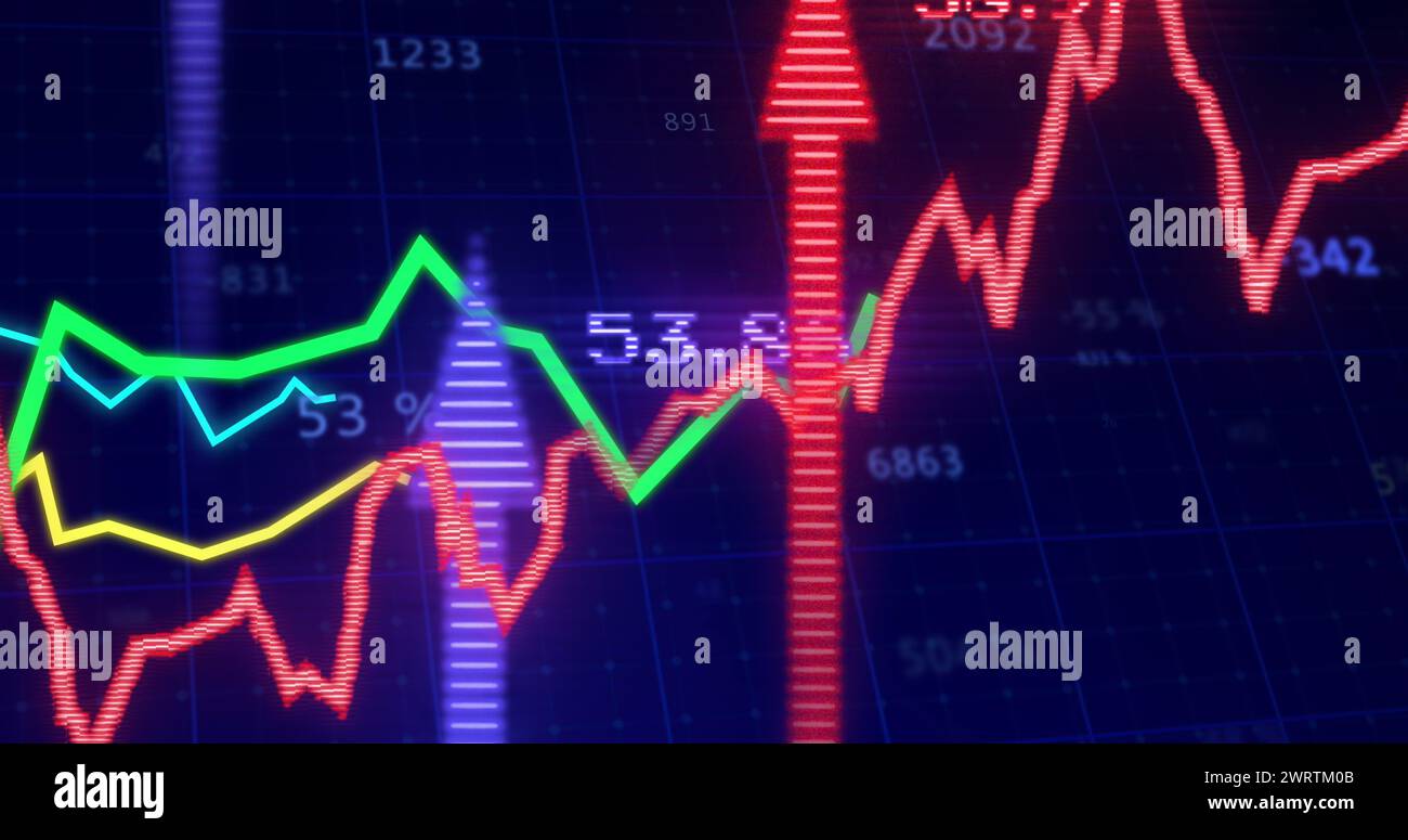 Image of financial data processing and statistics with arrows and red ...