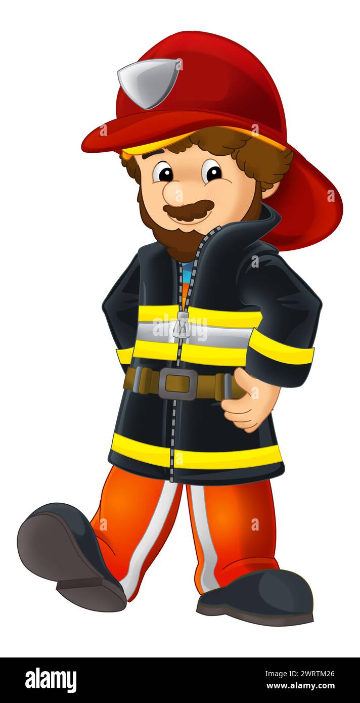 cartoon happy and funny fireman with extinguisher putting out the fire ...