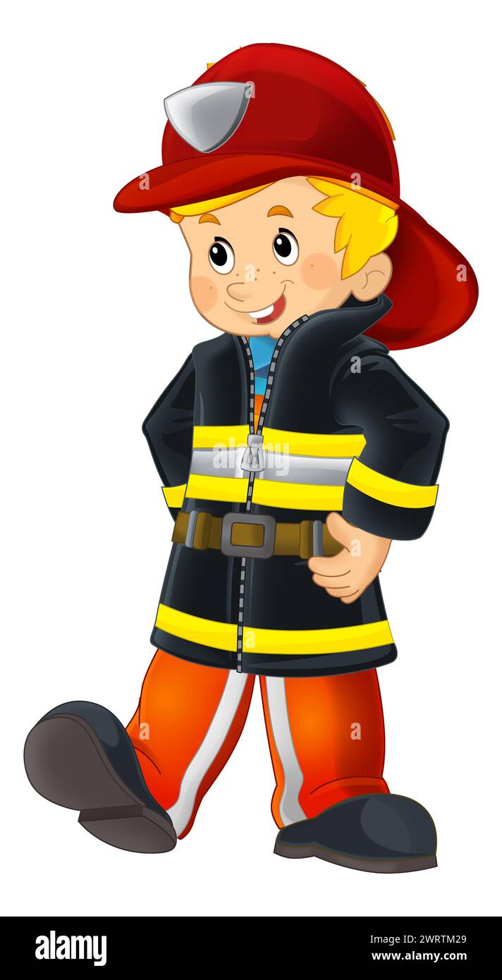 cartoon happy and funny fireman with extinguisher putting out the fire ...