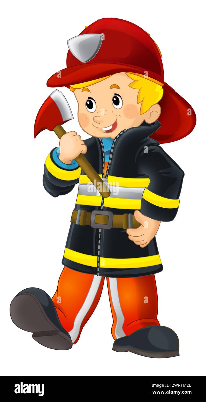 cartoon happy and funny fireman with extinguisher putting out the fire ...