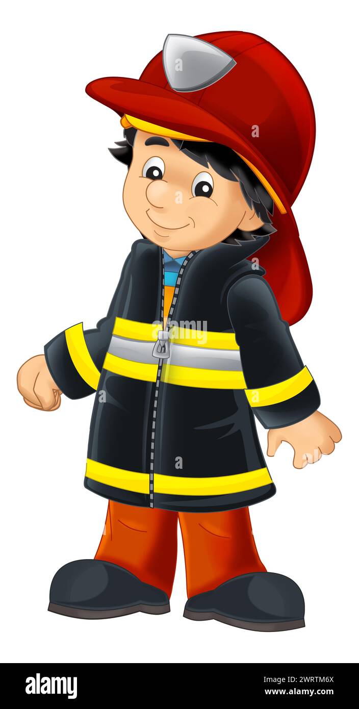 cartoon happy and funny fireman with extinguisher putting out the fire ...