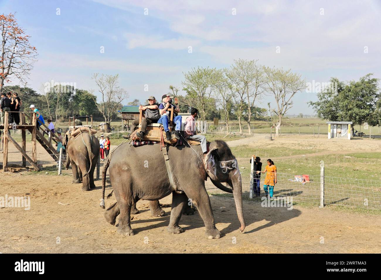 Tourists with an animal guide prepare for an elephant safari, Chitwan ...