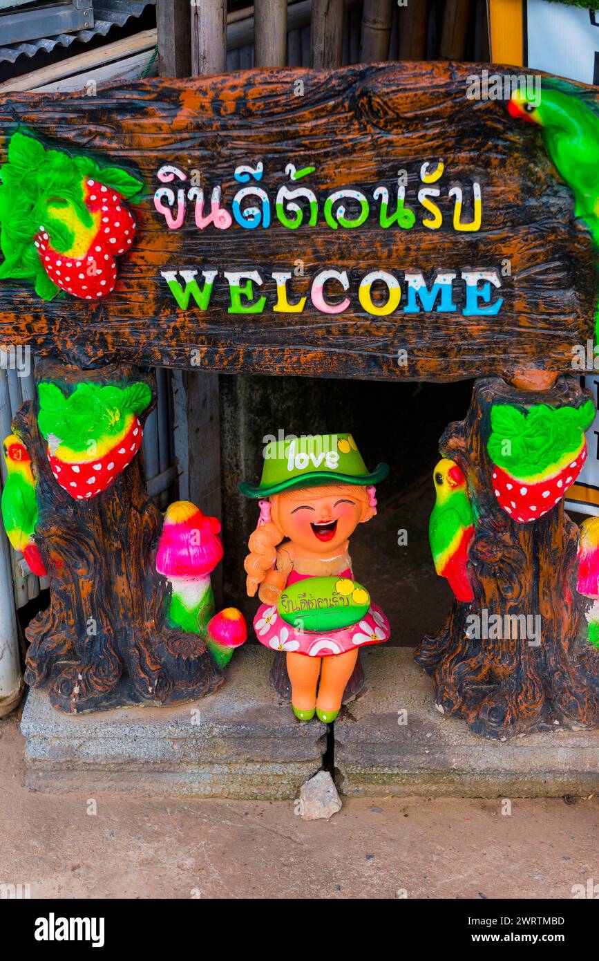 Welcome, sign in a hotel entrance, greeting, inviting, colourful ...