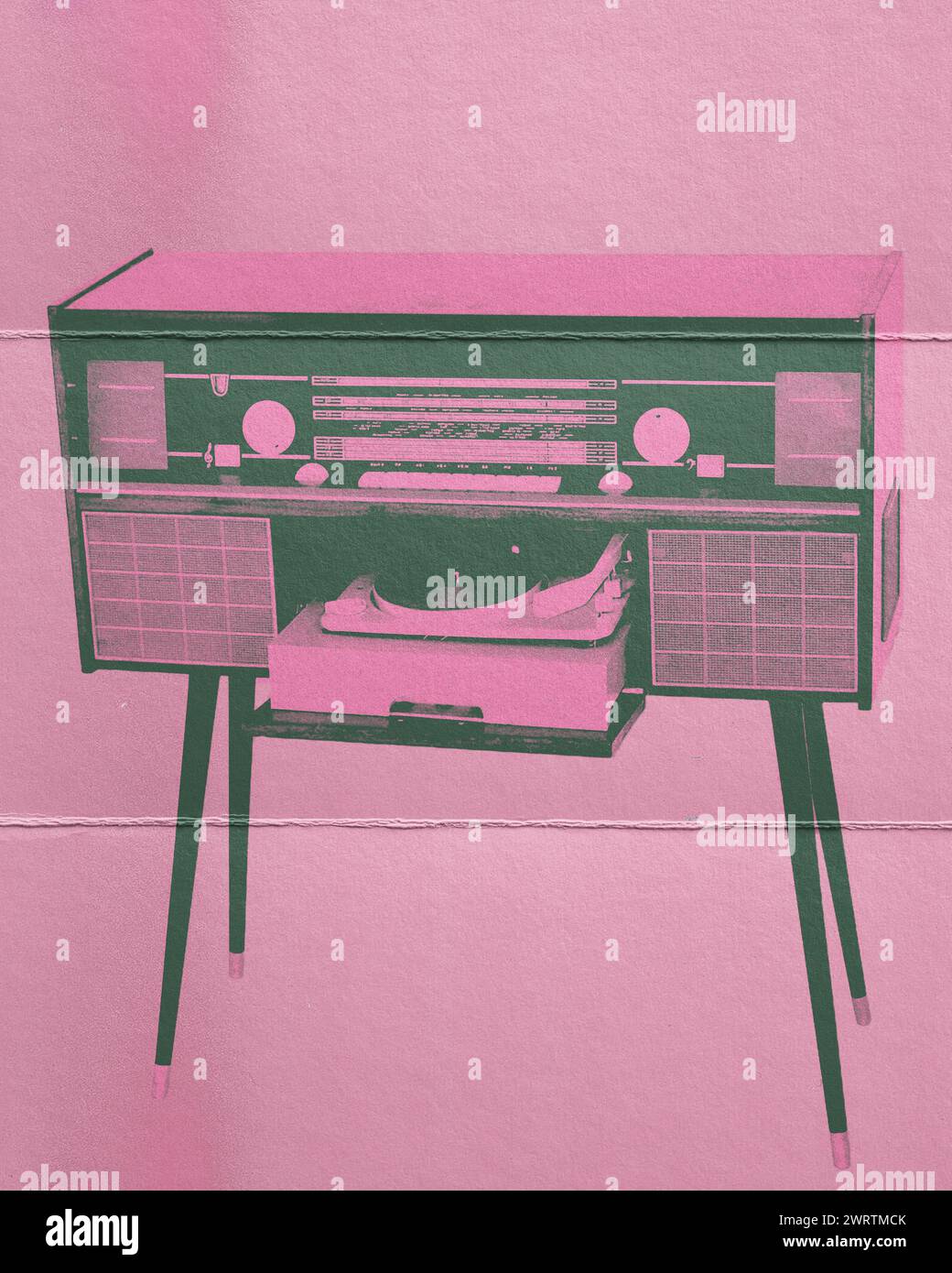 Retro console radio and record player on dual-tone background. Brochure ...