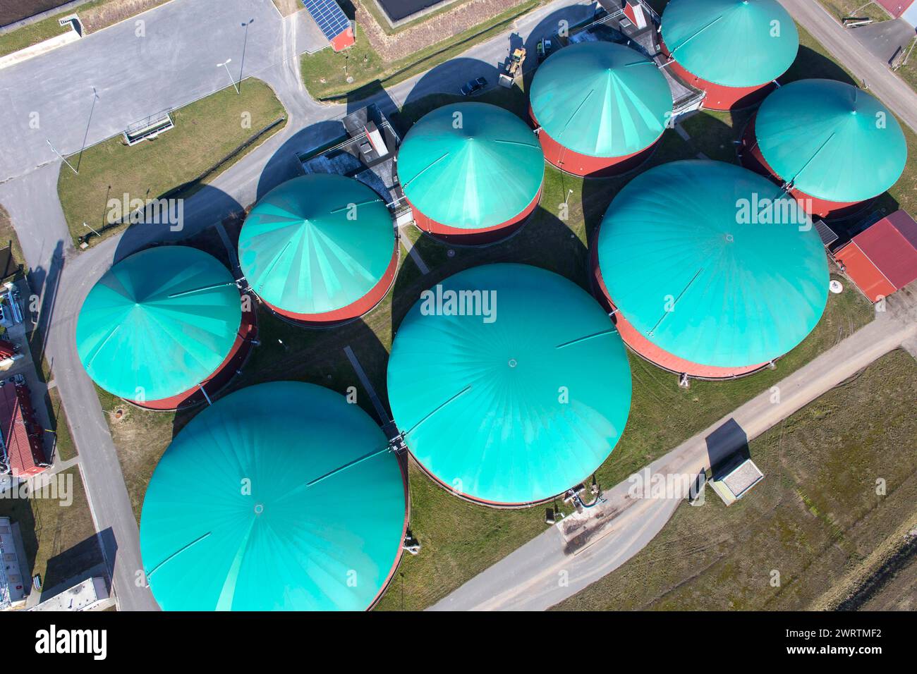 Aerial view of a biogas plant, energy production from biomass at an ...