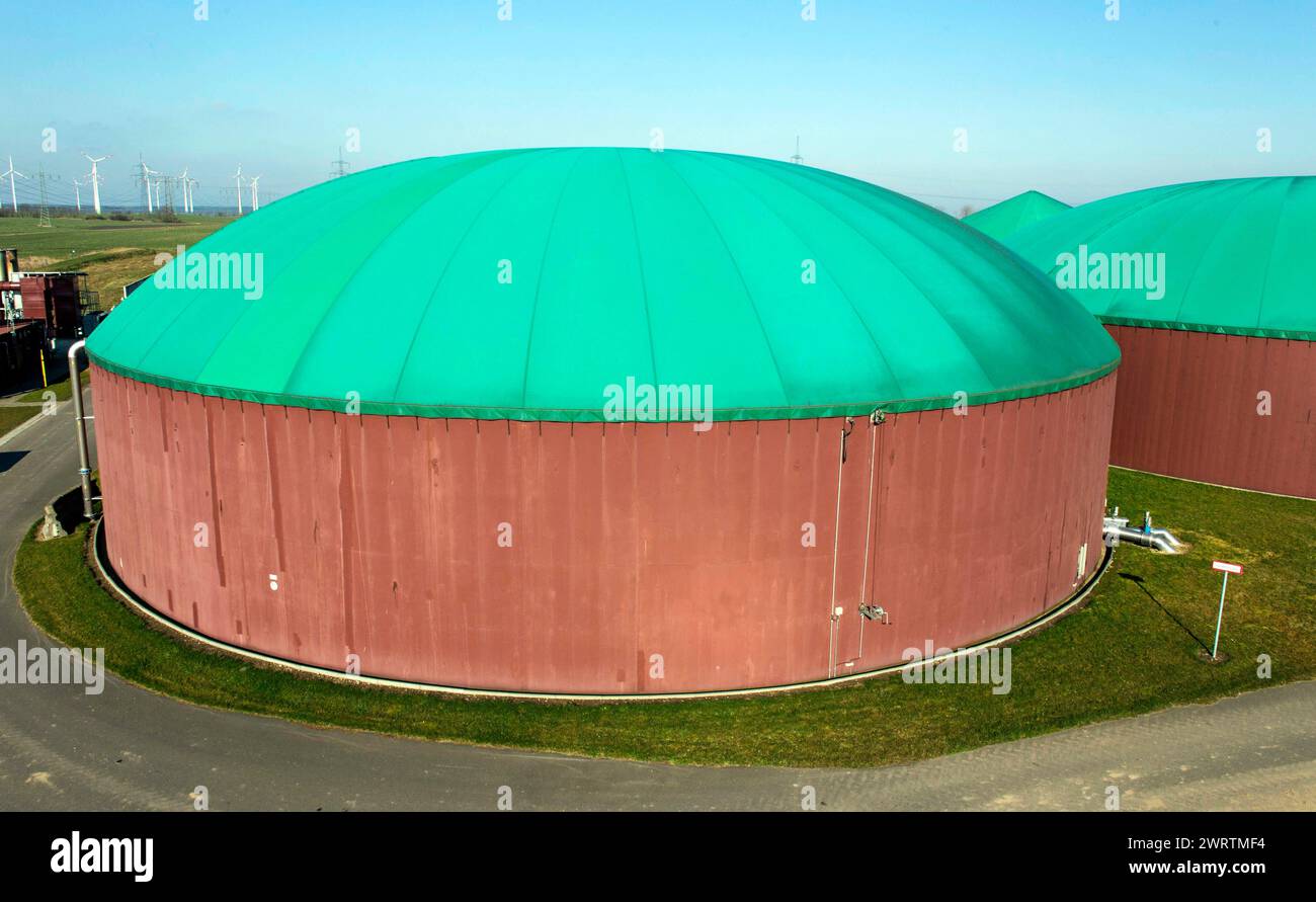 Aerial view of a biogas plant, energy production from biomass at an ...