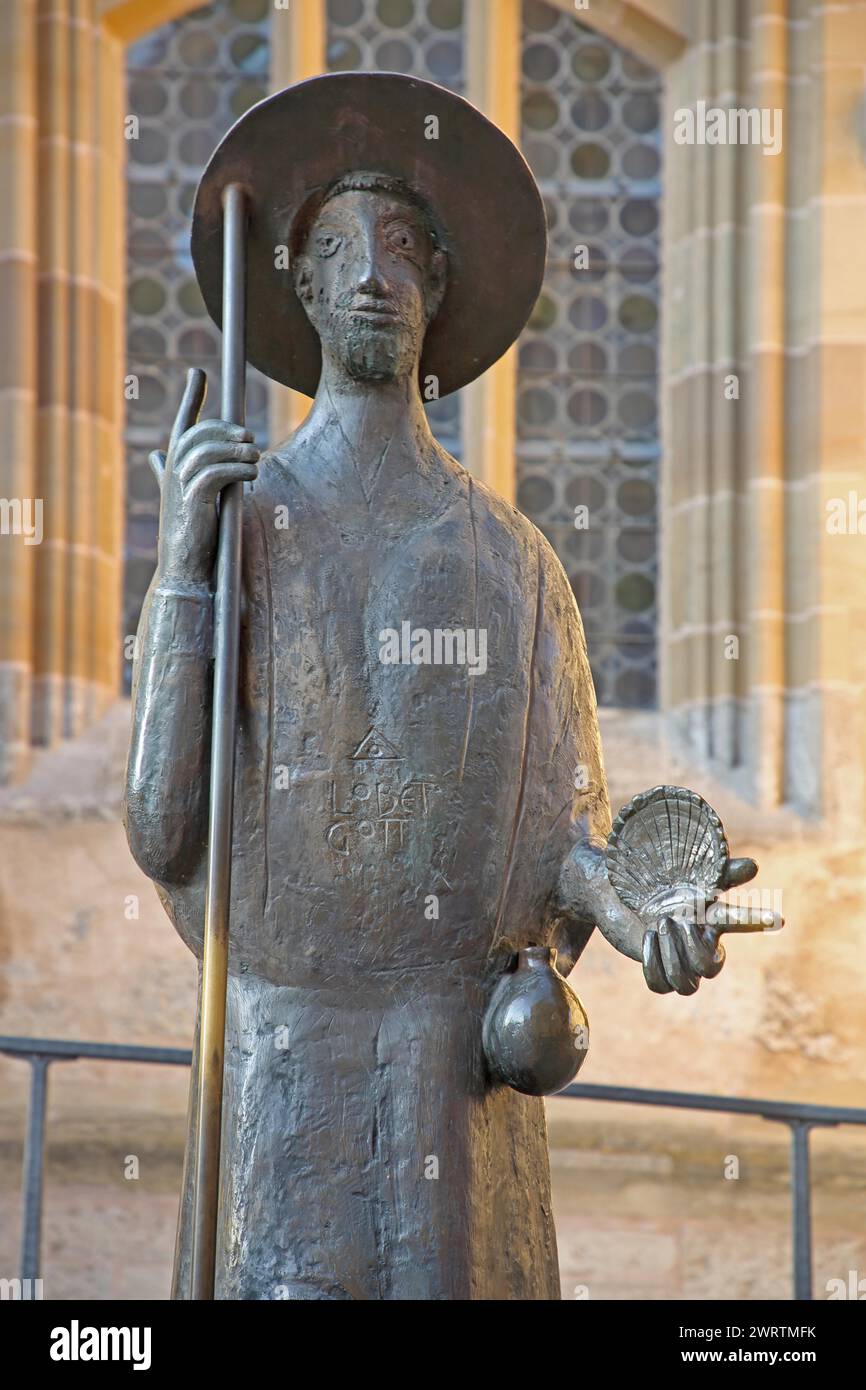 Sculpture Pilgrim with staff and scallop shell and monument to the Way ...