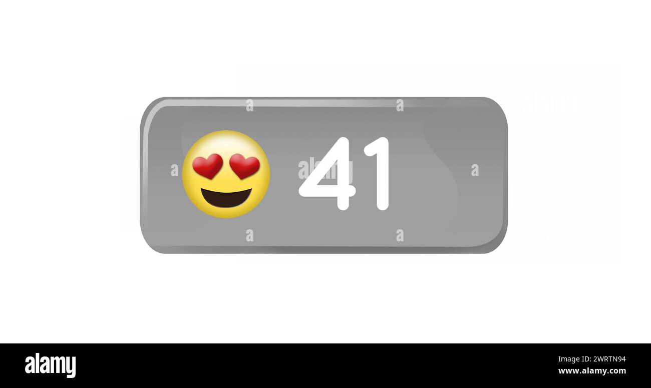 Digital image of increasing numbers and heart eyes emoji inside a grey ...