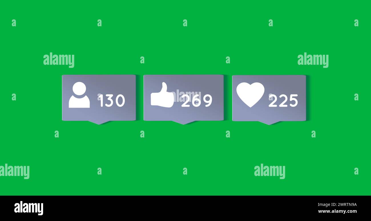 Digital image of follow, like and heart icons and increasing numbers ...